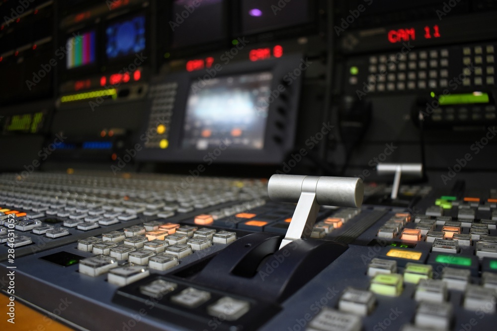 Broadcasting equipment in outside broadcasting van. Stock Photo | Adobe ...