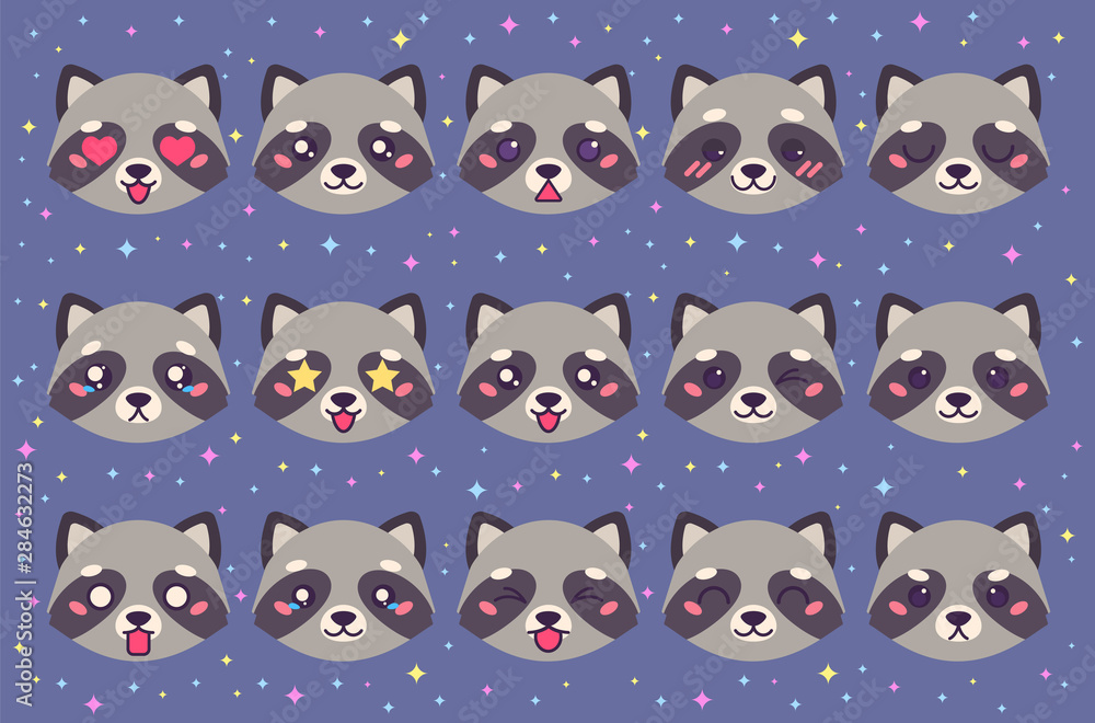 Colorful vector set of cute raccoon emoticons. Collection isolated ...