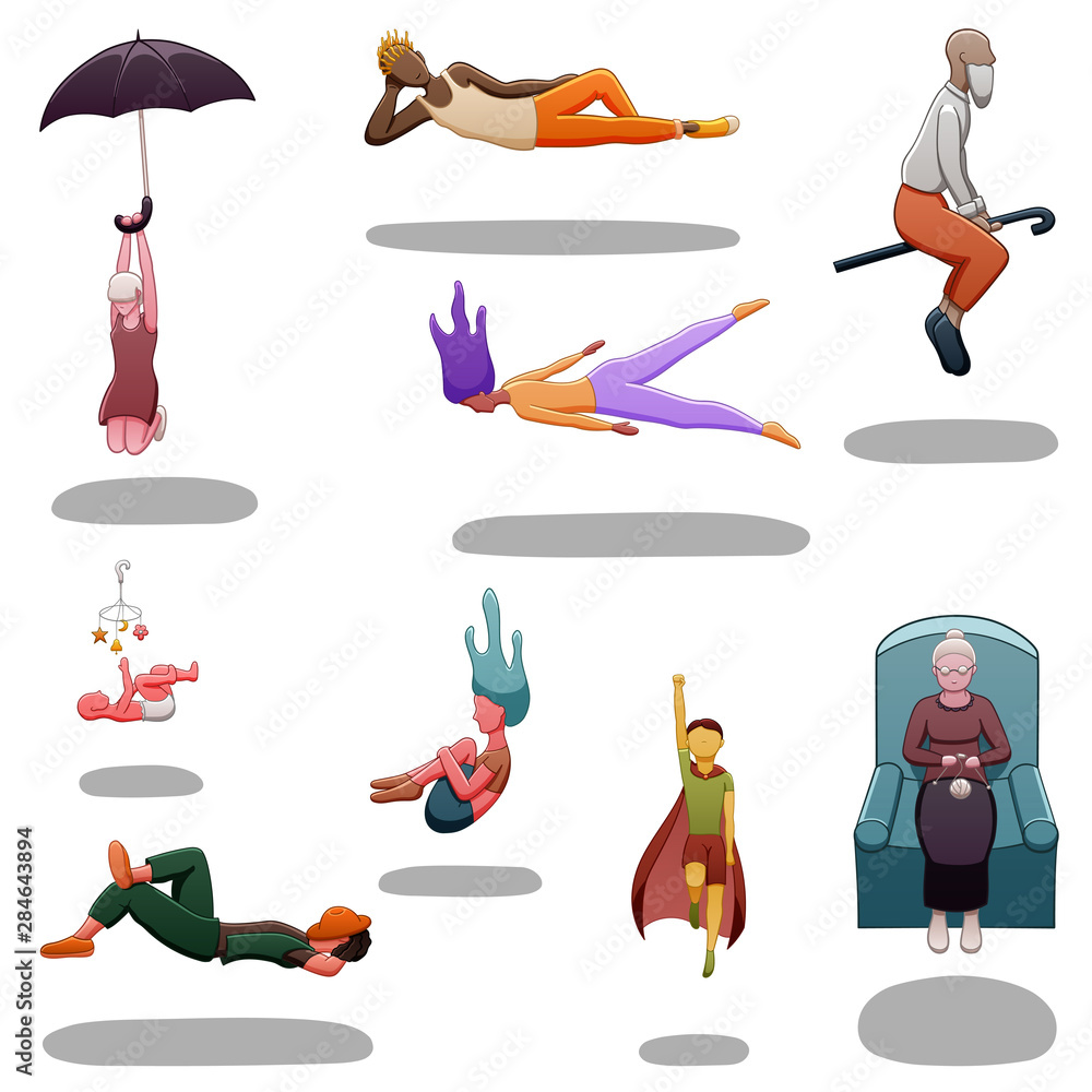 Set of nine levitating people of different sexes and ages. There are ...