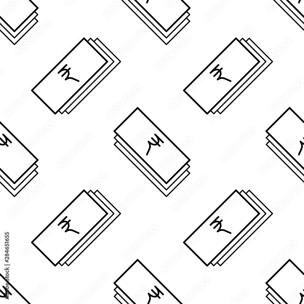 Paper money seamless pattern. White and black coin with rupee sign ...