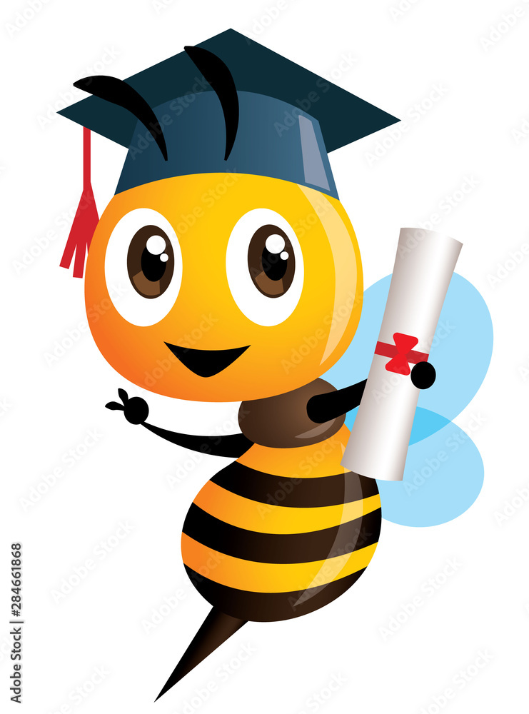 Cartoon cute happy bee mascot wears graduation cap and holding a ...
