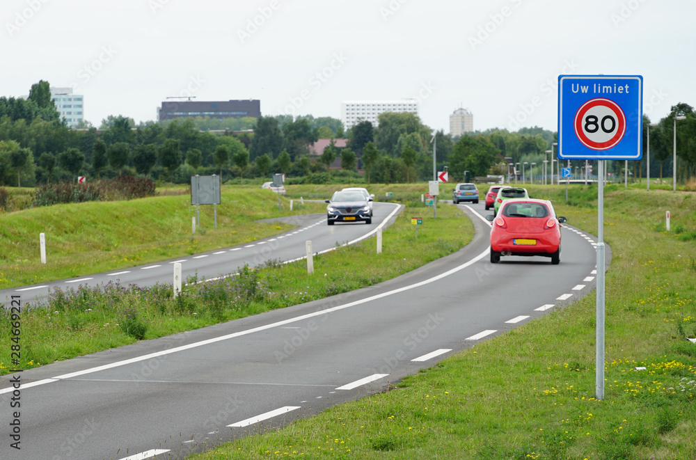 Traffic on an expressway in the Netherlands (Dutch: autoweg) with 80 ...
