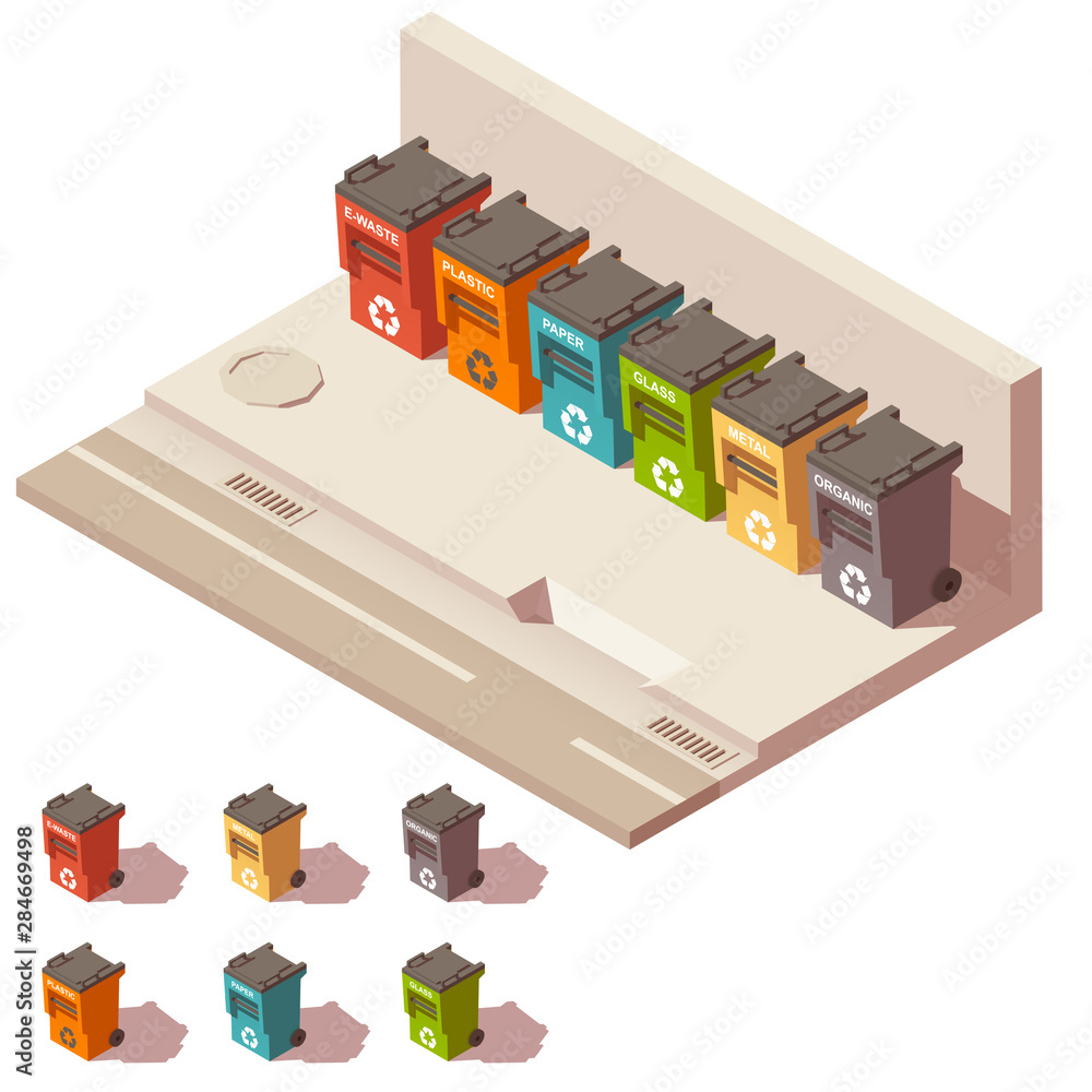 Vector isometric colored recycle waste bins. Multicolored garbage ...
