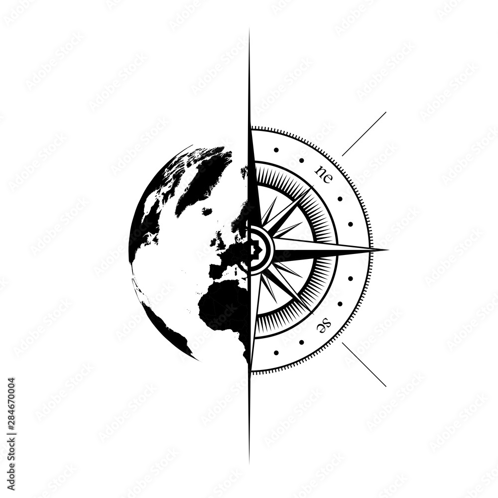 Black half world map and windrose silhouette isolated on white ...