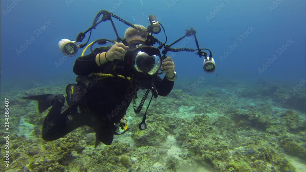 Underwater Photographer Swimming Close Up Taking Photo With Underwater ...