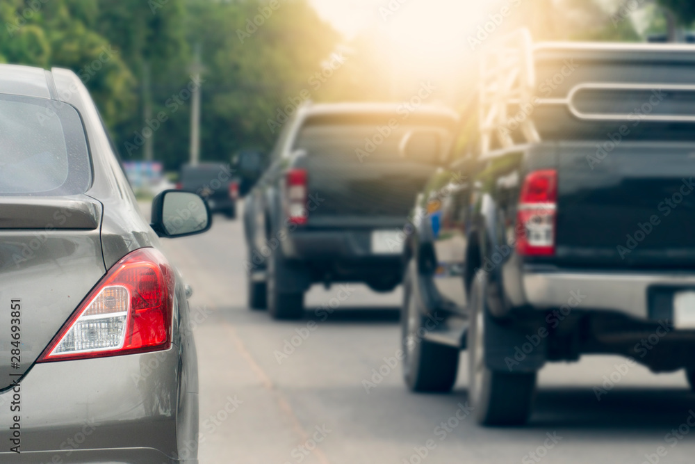Luxury of gold car stop on the asphalt junction by traffic light ...