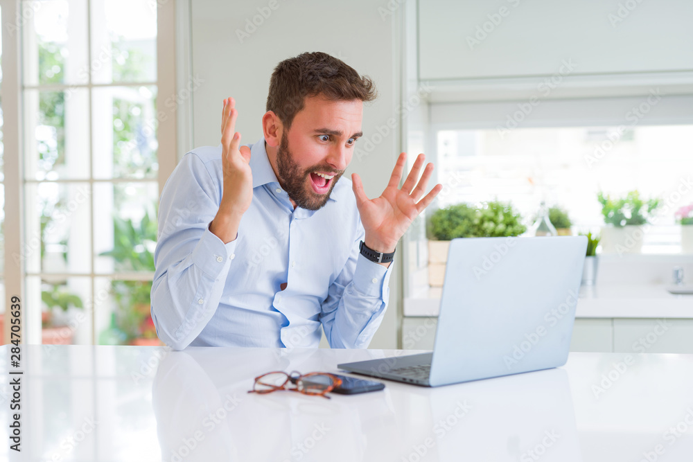 Handsome business man working using computer laptop very happy and ...