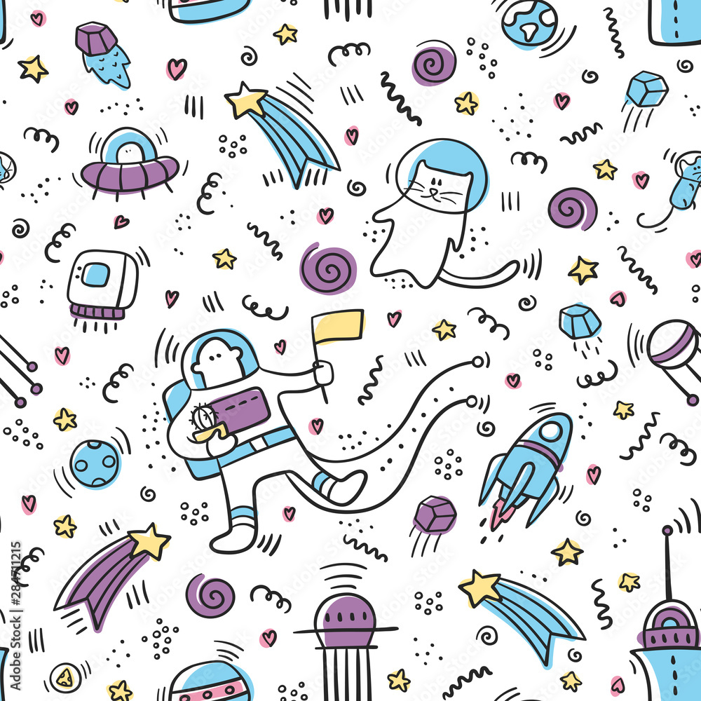 Space doodle pattern. Pattern of space objects and symbols on white ...