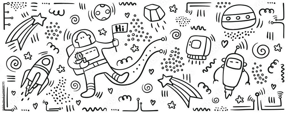 Astronaut doodle print. Set of space objects and symbols. Planets and ...
