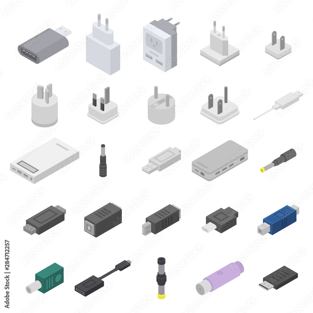 Adapter icons set. Isometric set of adapter vector icons for web design ...