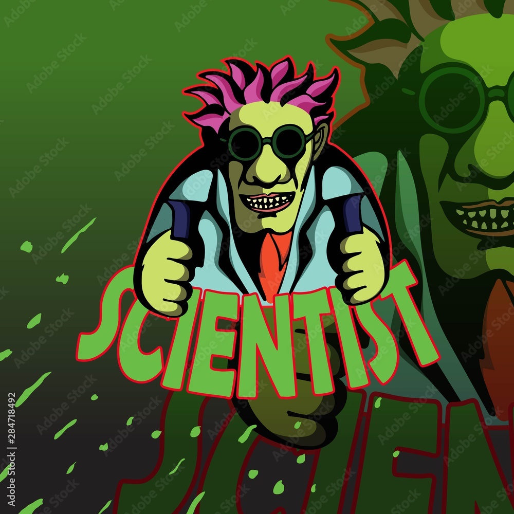 The mad scientist with text, logo, badges, illustration Stock Vector ...