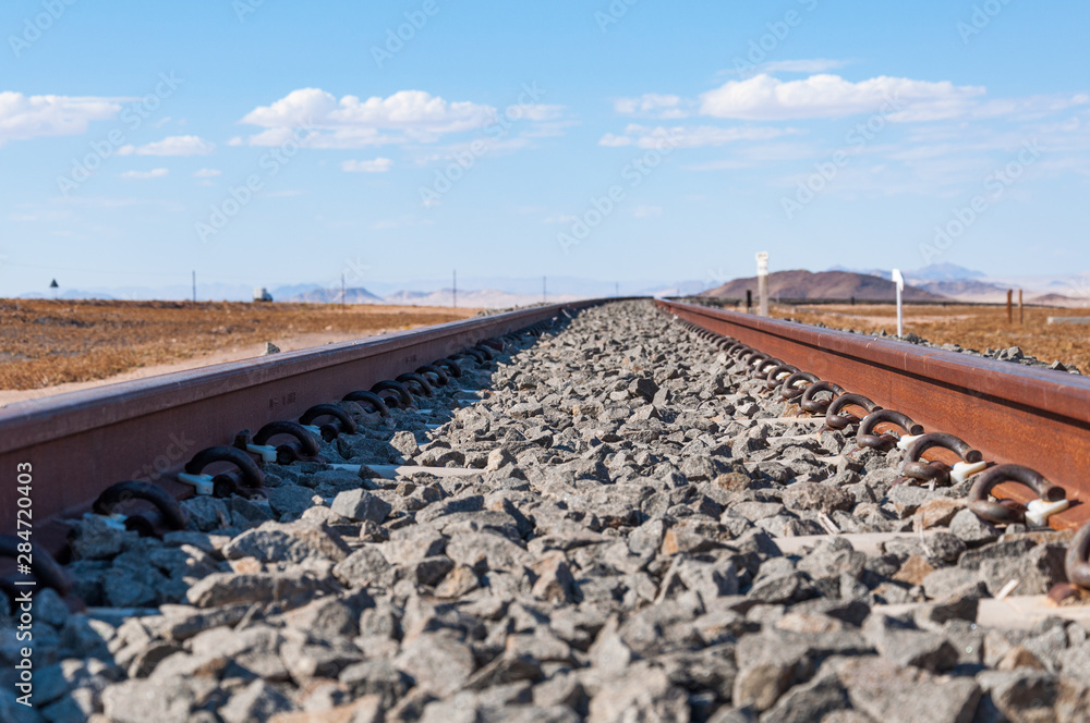 Low down view of the trans Namib rail line at Haalenberg, Namibia Stock ...