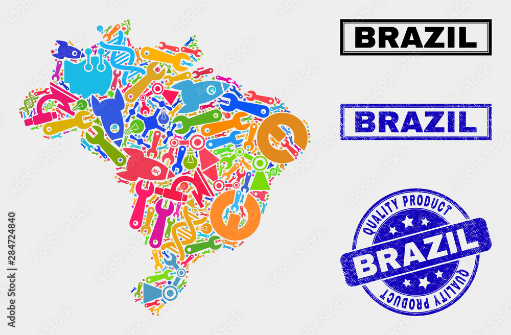 Vector collage of tools Brazil map and blue seal for quality product ...