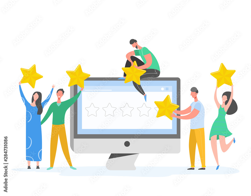 Review concept illustration. People characters holding gold stars. Men ...
