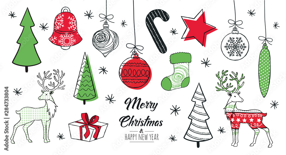 Set of hand drawn christmas decoration isolated elements. Doodles and ...