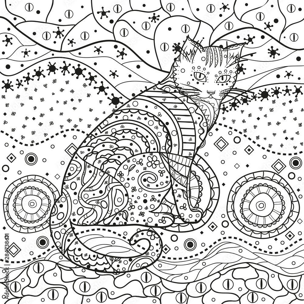 Ornate cat on pattern. Hand drawn abstract patterns on isolation ...