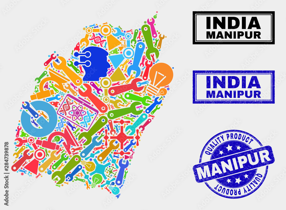 Vector collage of service Manipur State map and blue watermark for ...