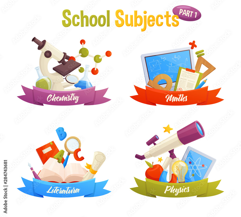 School subjects set include vector cartoon elements: molecule ...