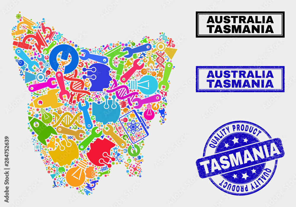 Vector collage of technology Tasmania Island map and blue seal for ...