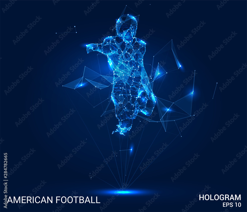 Hologram of American football. Football player from polygons, triangles ...