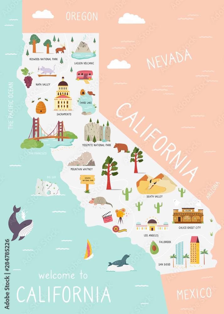 An Illustrated map of California with destinations Stock Vector | Adobe ...