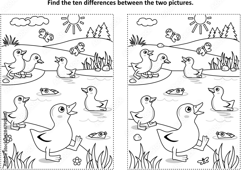 Find the ten differences picture puzzle and coloring page with little ...