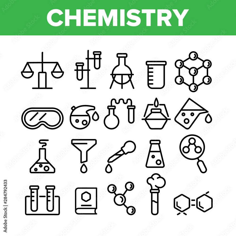 Collection Chemistry Elements Icons Set Vector Thin Line. Flask And ...