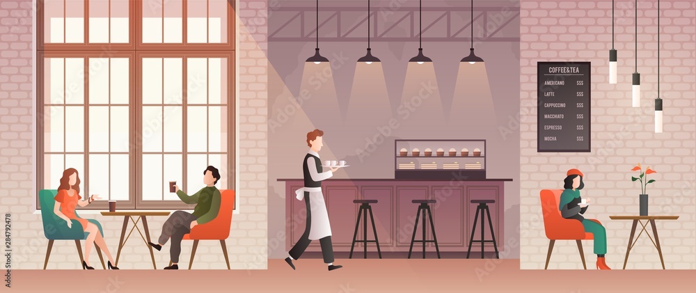 People in coffee shop. Friends meet and drink coffee and relax in ...