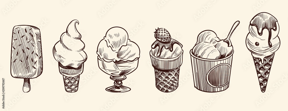 Ice cream dessert. Hand drawn black engraved vintage sweet delicious in ...