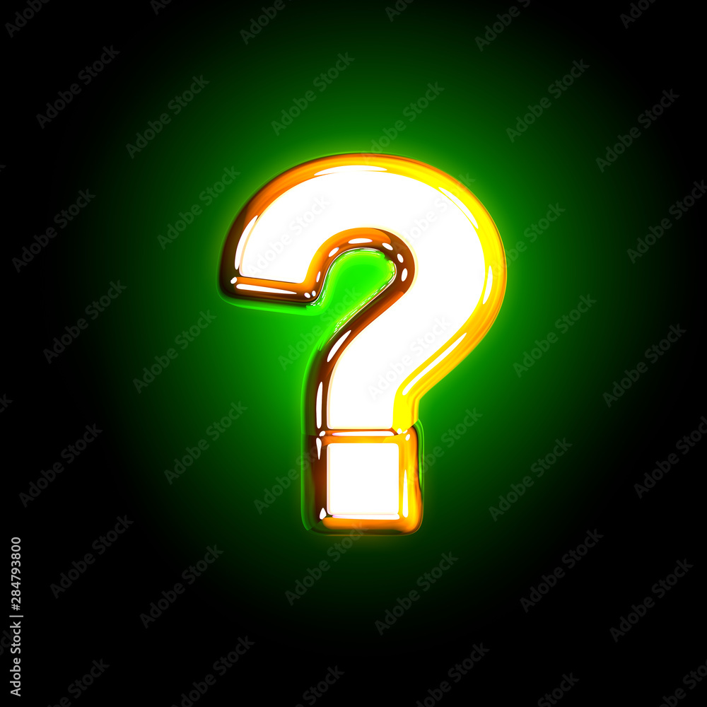 Glowing green question mark of polished font of white and yellow colors ...