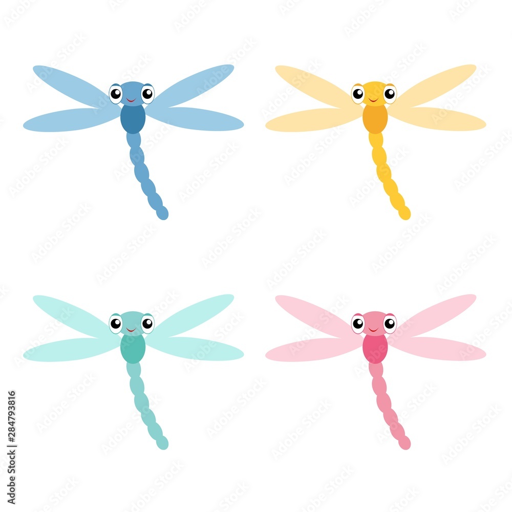 Dragonfly icon set. Cute cartoon kawaii funny character. Blue dragon ...