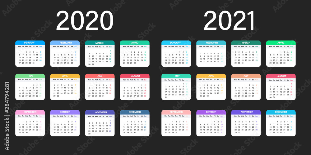2020-2021 calendar template. Colorful set. Year 2020, Calendar Design ...