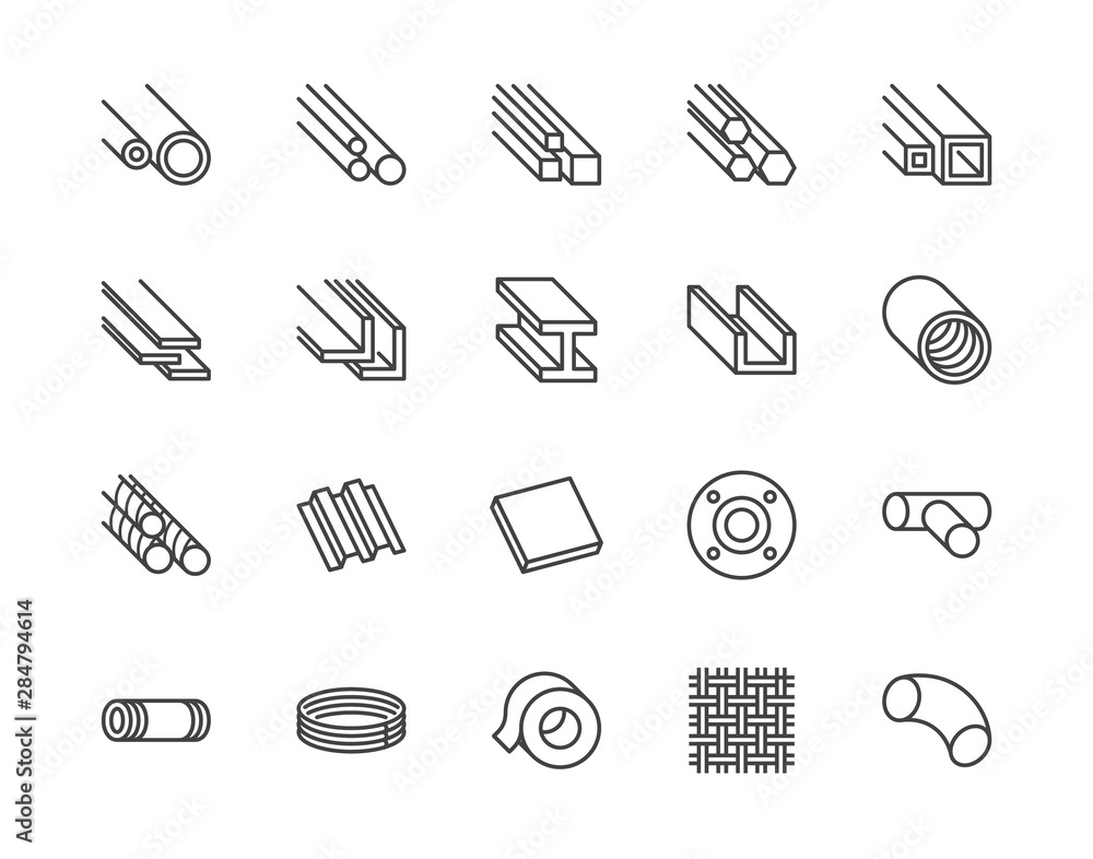 Stainless steel flat line icons set. Metal sheet, coil, strip, pipe ...