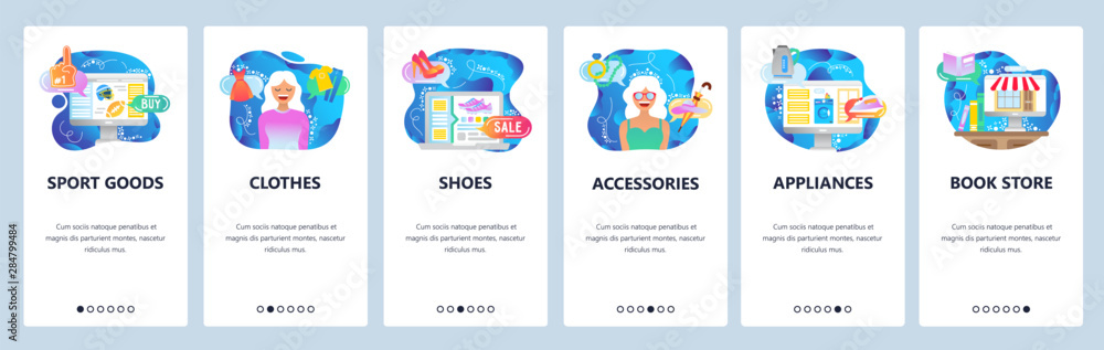 Mobile app onboarding screens. Online shopping, sport goods, book store ...
