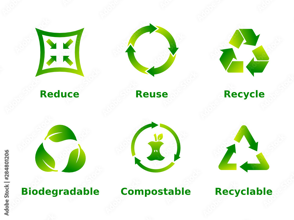 Reduce, reuse, recycle, biodegradable, compostable, recyclable, icon set. Six recycle green ...