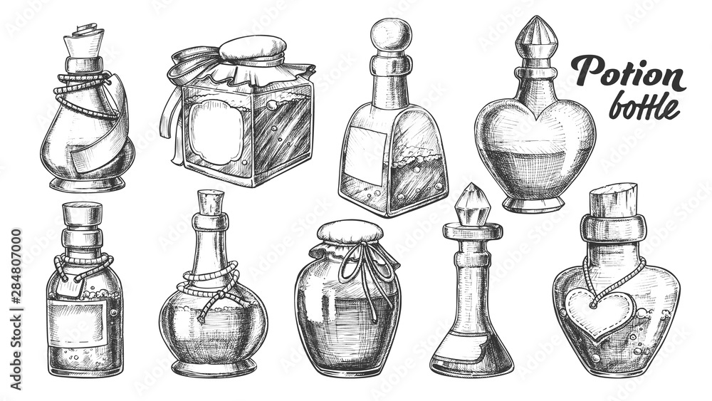 Collection Of Different Potion Bottles Set Vector. Many Kinds And Form ...
