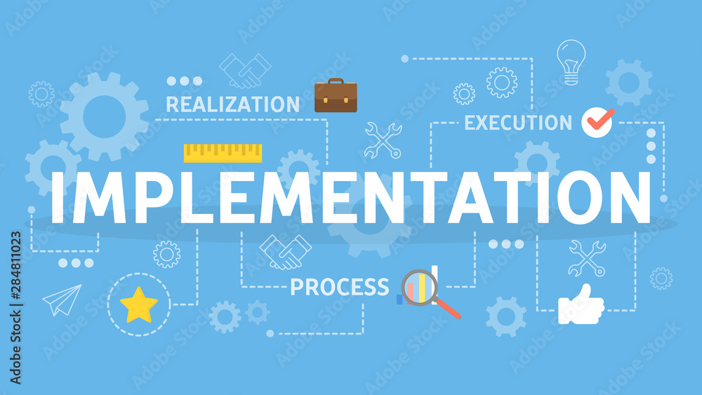 Implement idea into business process. Strategy and development Stock ...