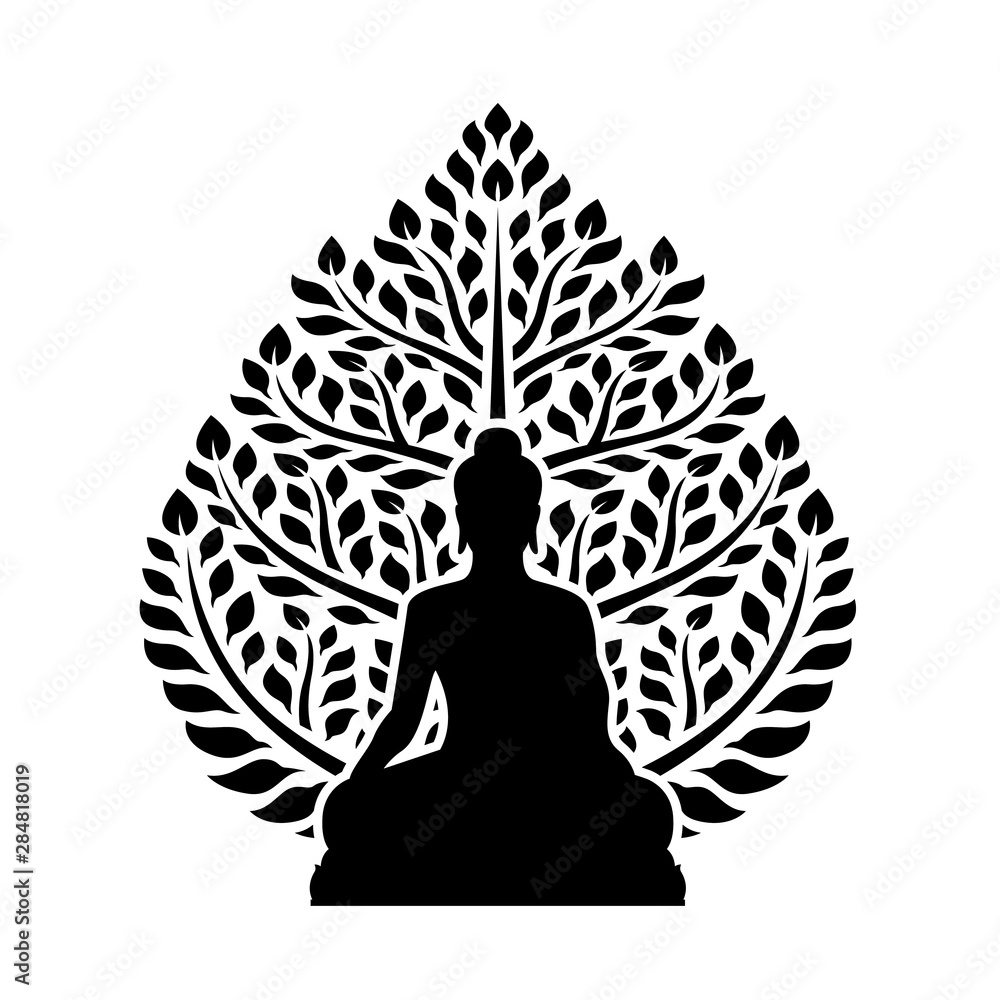 Buddha Meditate and bodhi tree sign symbol isolate on white background ...