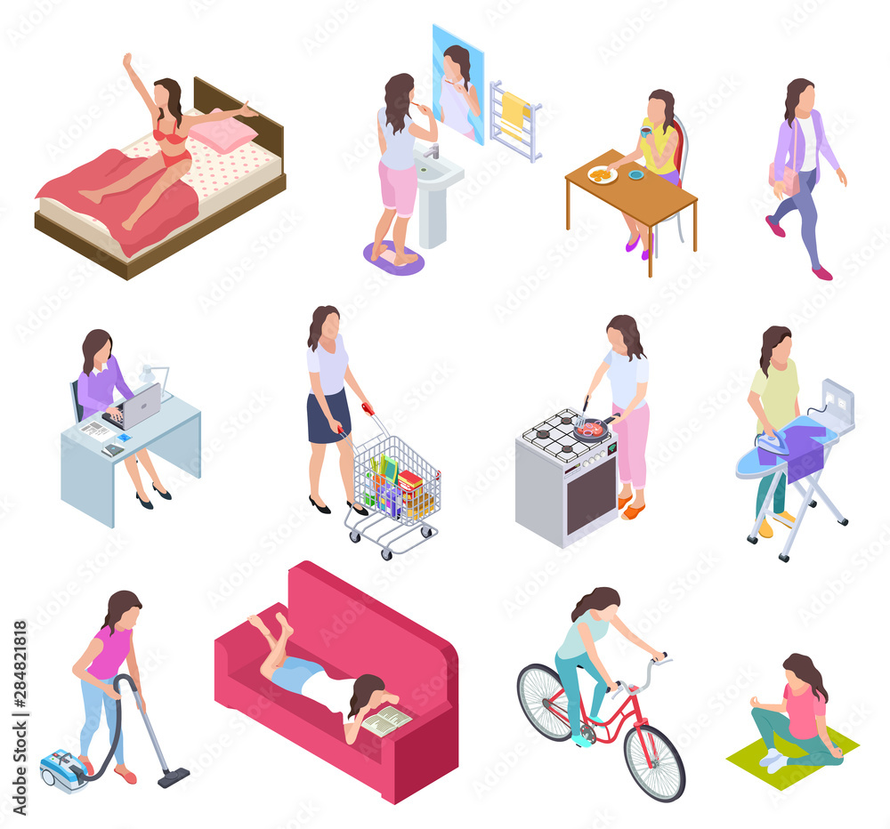Woman Daily Routine Housewife Ironing And Shopping Doing Fitness And woman-daily-routine-housewife-ironing-and-shopping-doing-fitness-and