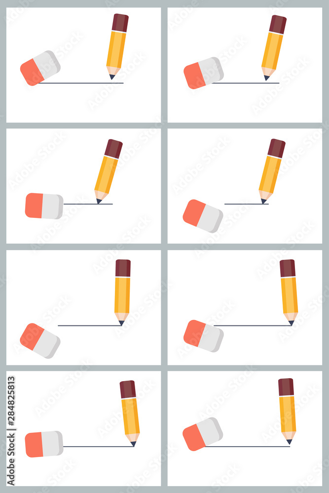 Pencil drawing and eraser erasing line animation sprite sheet isolated ...