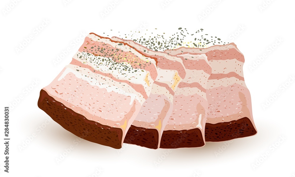 Slices of salo, bacon, lard, silverside, gammon, ham sprinkled with ...
