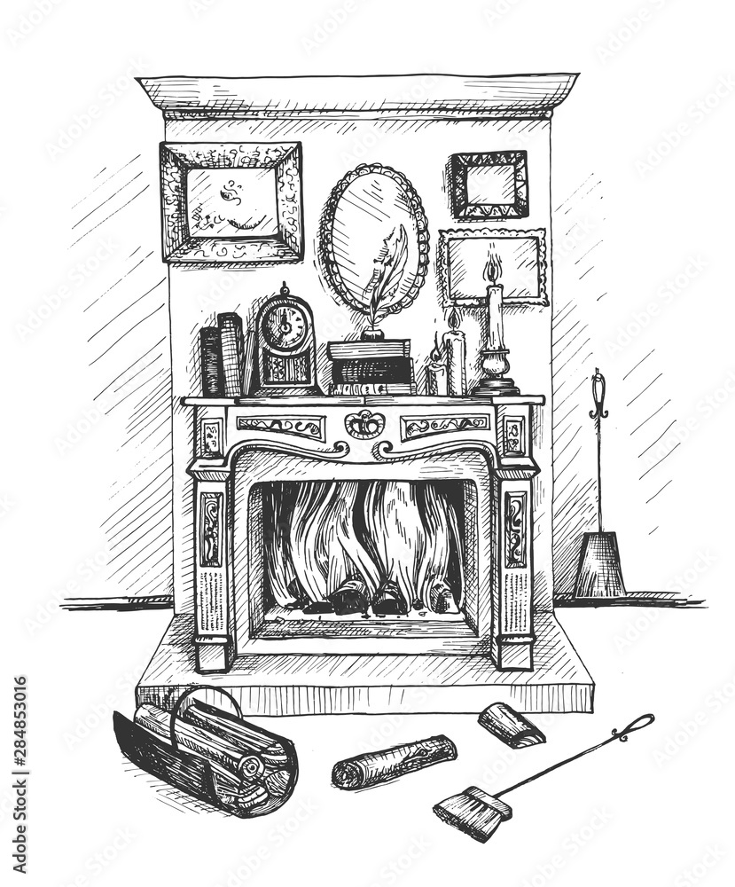 Hand drawn doodle fireplace and decor Stock Vector | Adobe Stock