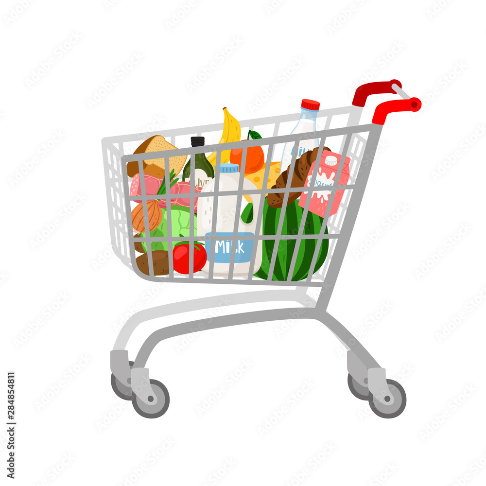 Grocery shopping cart on white. Full supermarket food basket vector ...