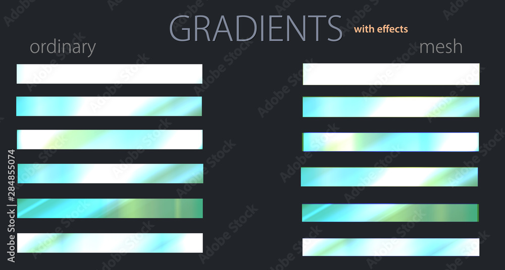 Green gradients with effects. Set or palette. Mesh and regular ...