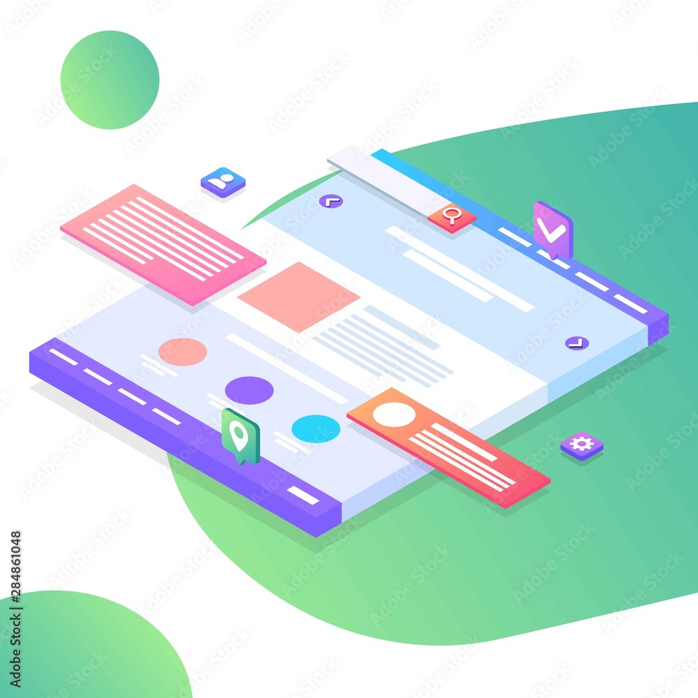 Seo optimization web page template. Isometric Web interface. Colorful ...