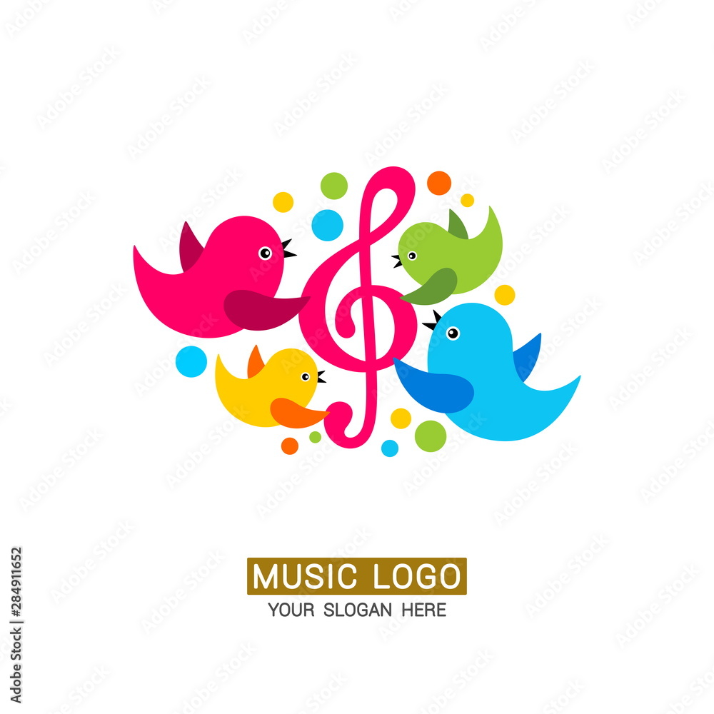 Music logo. A family of birds around a treble clef with colored ...
