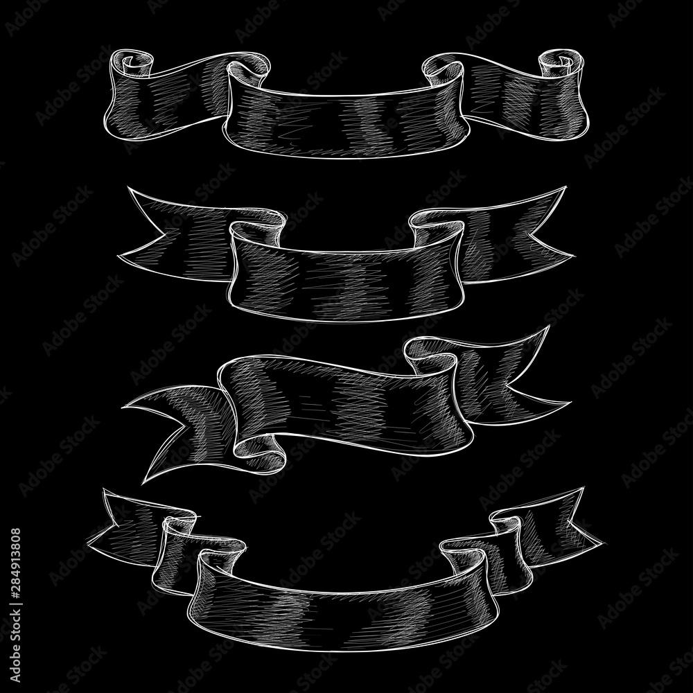 Ribbon scrolls. Hand drawn sketch on black background Stock Vector ...