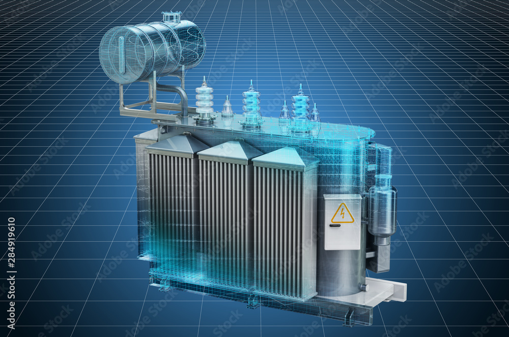 Visualization 3d cad model of transformer oil, high voltage power ...