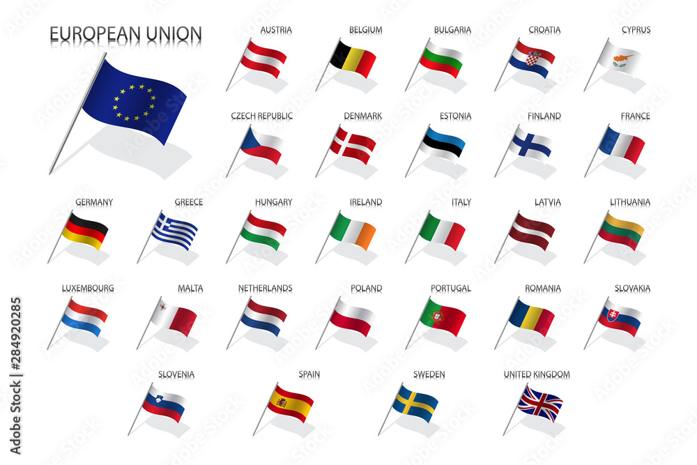 Set of European Union country flags 2019, member states EU, flaming ...