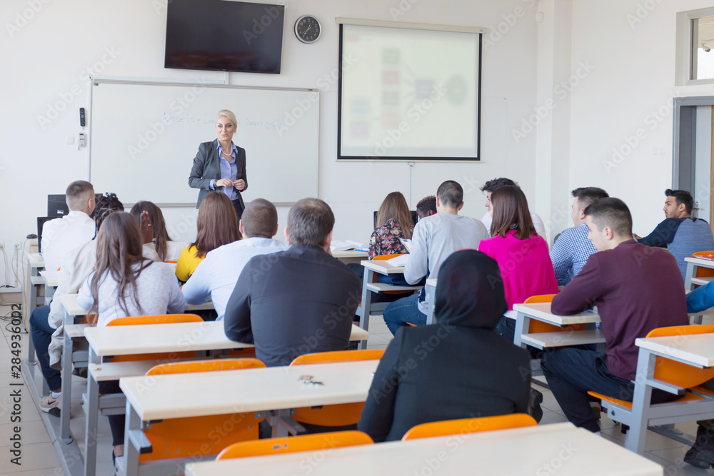 Female attractive professor explain lesson to students and interact ...